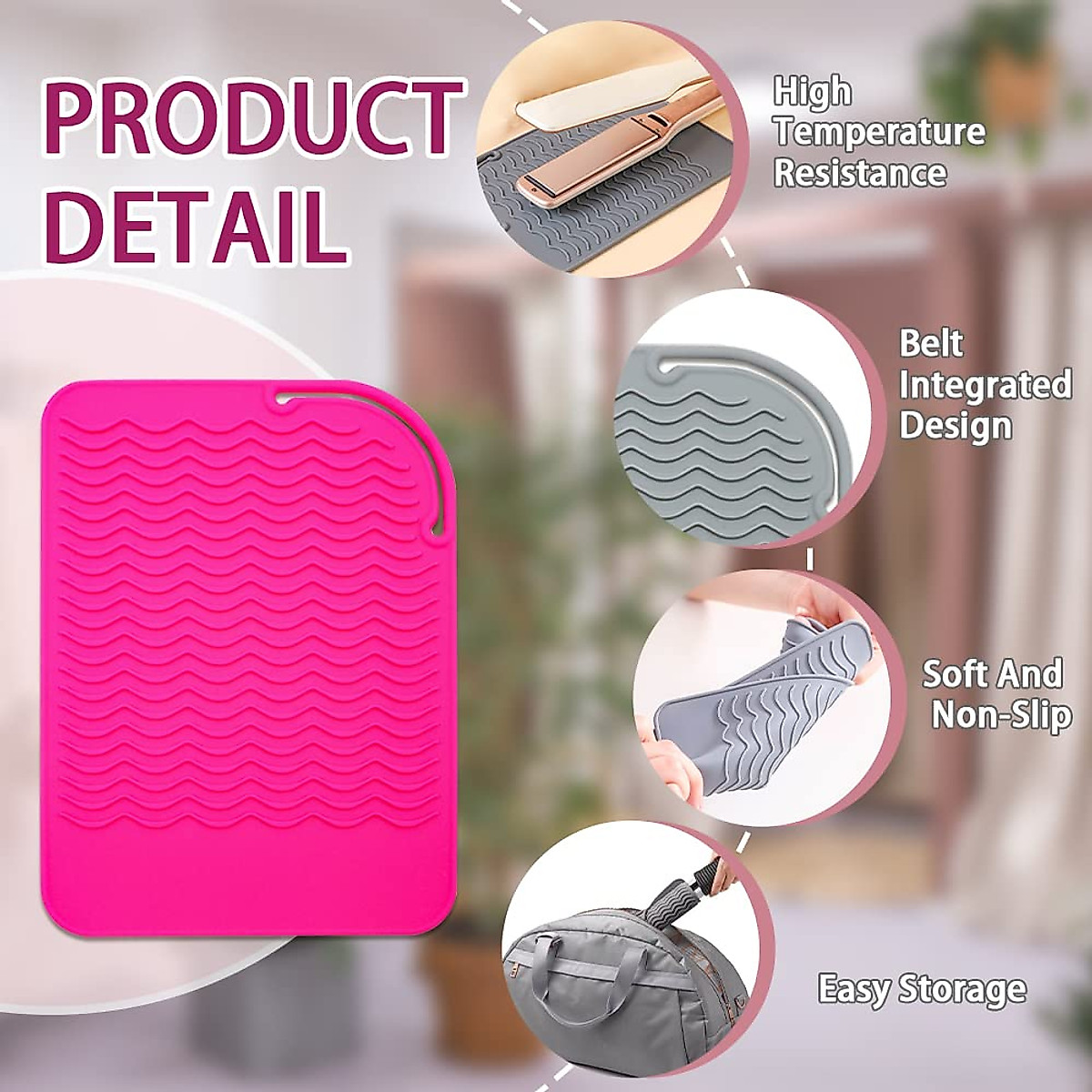 2 Pack Silicone Heat Resistant Travel Mat, Non Slip Curling & Flat Iron Mat Pad, Portable Styling Heat Mat for Hot Hair Tools, Straightener, Salon Appliances, 9x6.5 (Rose red,Purple)