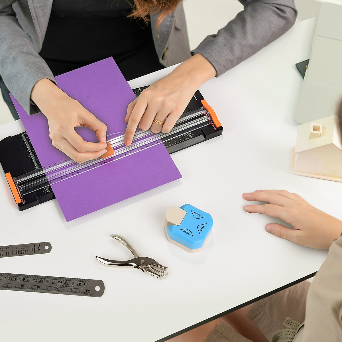 Office Supplies Set, Include 12 Inch Paper Cutter，Replacement Blade*2，3 in 1 Corner Rounder Punch, Corner Cutter，Steel Rulers, 6 inch and 12 inch，Hole Punch*1,Small Business Supplies