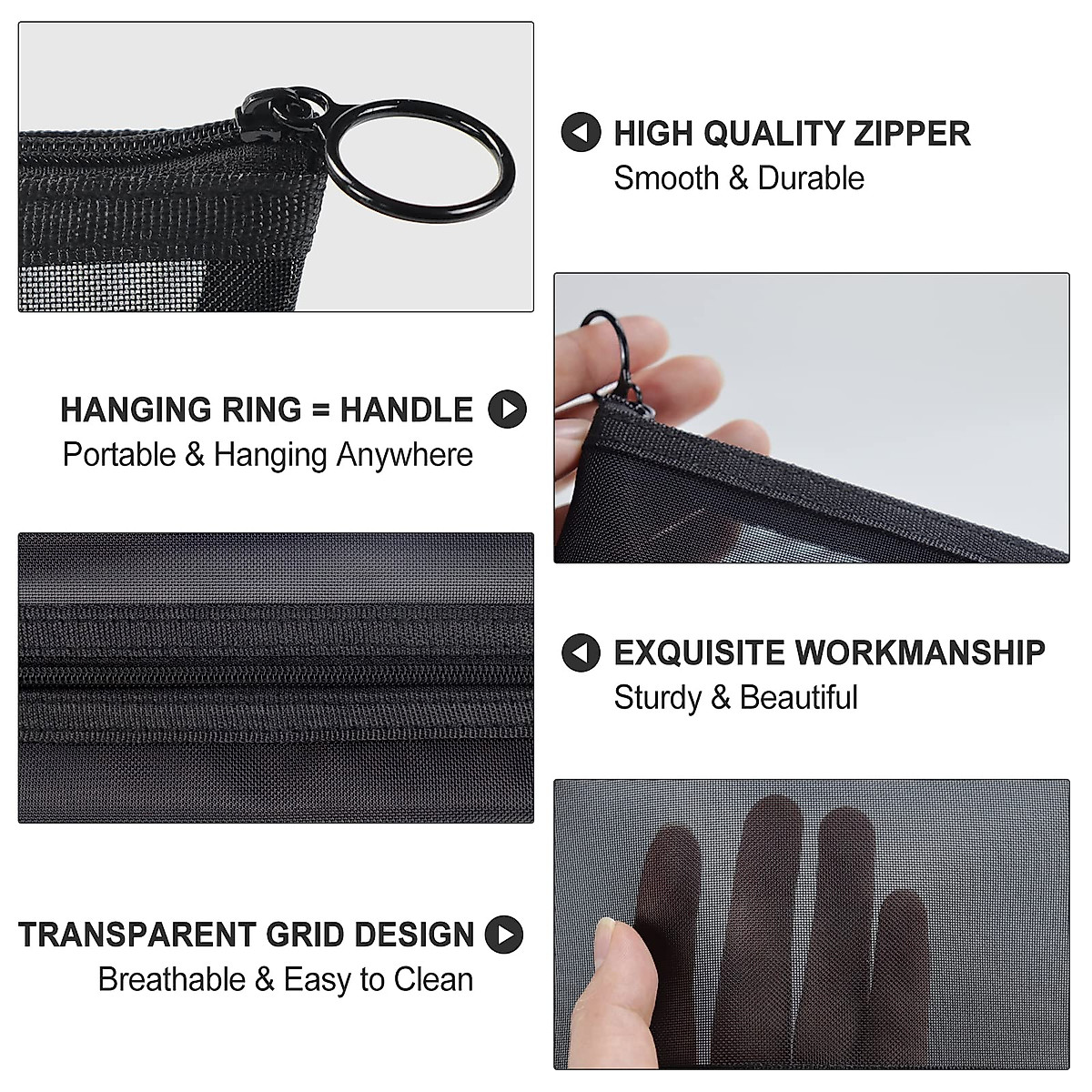 Aosbos 3 Pieces Mesh Makeup Bag Mesh Cosmetic Bag Purse Pouch Zipper Mesh Travel Bag Travel Purse Organizer Portable Pouch Bag Mesh Toiletry Bag for Home Office Travel Accessories, Black