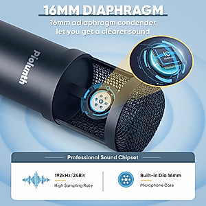 USB Microphone, Professional 192kHz/24Bit Plug & Play PC Computer Condenser Cardioid Mic Kit with Sound Advanced Chipset, for Streaming, Podcast, Studio Recording and Games