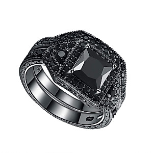 Castillna Black Cubic Zirconia CZ Simulated Diamond Princess Cut Solitaire Halo Bridal Engagement Wedding Rings Sets in Sterling Silver for Women