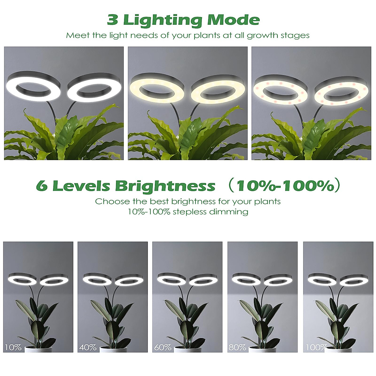 PRONORO Grow Light, 2-Head LED Floor Plant Growing Lamp, Full Spectrum Plant Light for Indoor Plants, Extended&Built-in Power Cord, Automatic On/Off Timer, 6-Level Dimming, Adjustable Height of 63 in