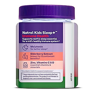 Natrol Kids Sleep+ Immune Health Gummies with Melatonin, Zinc, Vitamin C and D, Elderberry, 50 Raspberry Flavored Melatonin and Immune Health Gummies, 50 Day Supply