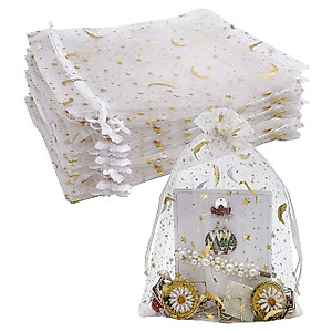 Jexila 100PCS Moon Star Organza Bags 5''X7'' White Mesh Drawstring Jewelry Gift Bags for Baby Shower Wedding Party Favor Candy Bags