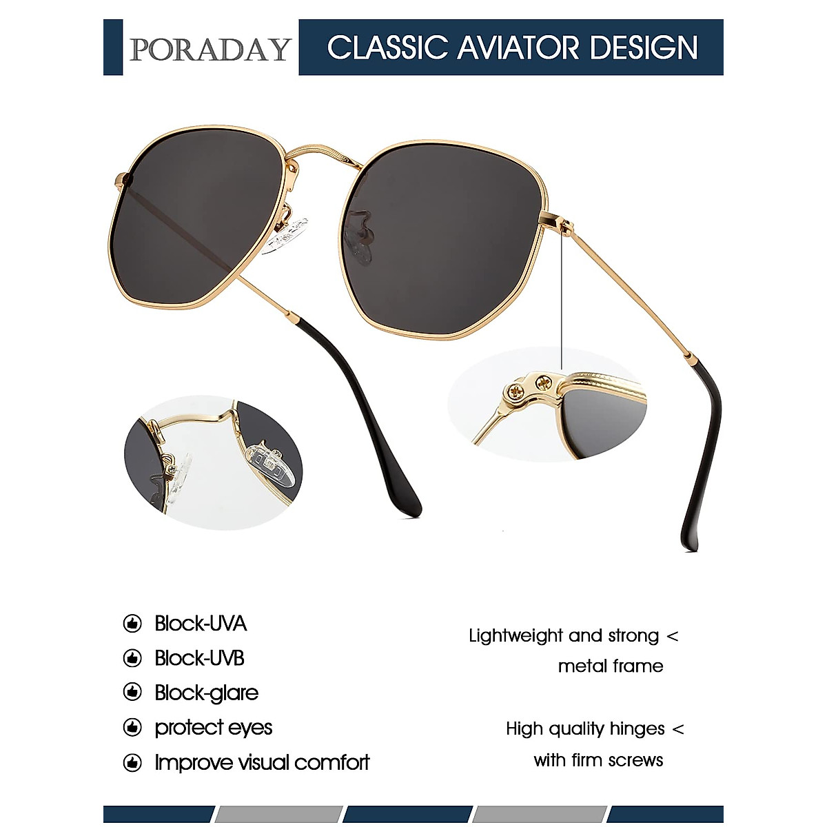 PORADAY Hexagonal Polarized Sunglasses for Women Men Vintage Square Metal Sun Glasses Geometric Shades (Gold/Gray)
