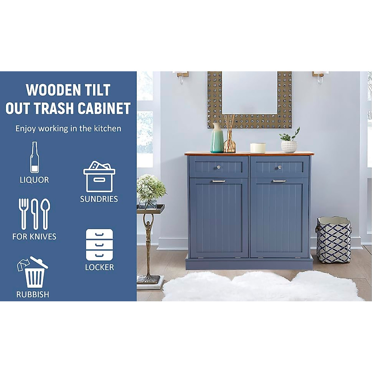 LOUVIXA Tilt Out Trash Can Cabinet with Double Hidden Trash Bin Holder, Kitchen Free Standing Recycling Cabinet,Dog Proof Trash Can,Wood, Blue