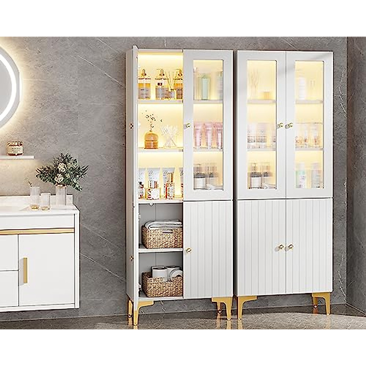Tribesigns Bookcase with Doors and LED Light, White Bookshelf with 5-Tier Storage Shelves, Freestanding Tall Storage Cabinet for Living Room, Office, Bathroom
