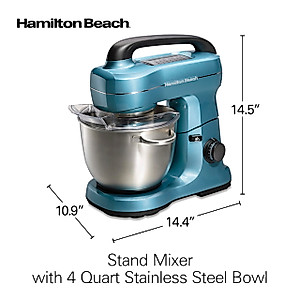 Hamilton Beach Electric Stand Mixer, 4 Quarts, Dough Hook, Flat Beater Attachments, Splash Guard 7 Speeds with Whisk, Blue