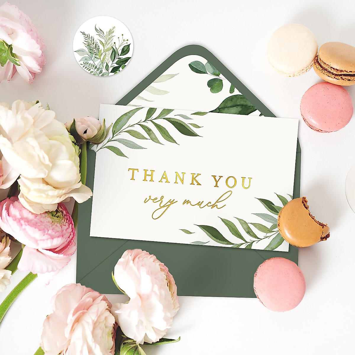 Whaline 24 Sets Greenery Thank You Cards Gold Foil Thank You Greeting Cards Watercolor Green Leaf Blank Note Cards with Envelopes Stickers for Bridal Baby Shower Wedding Birthday Party, 4 x 6 Inch