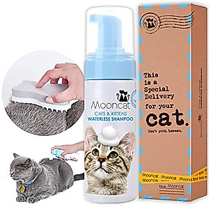 Mooncat Waterless Cat Shampoo+Cat Brush, Licking Safe Dry Shampoo for Cats, No Rinse Foam Cat Bath, Grooming for Cat, Kitten Sensitive Skin, Dander Reducing, Paraben Free, pH Balanced (5 oz)