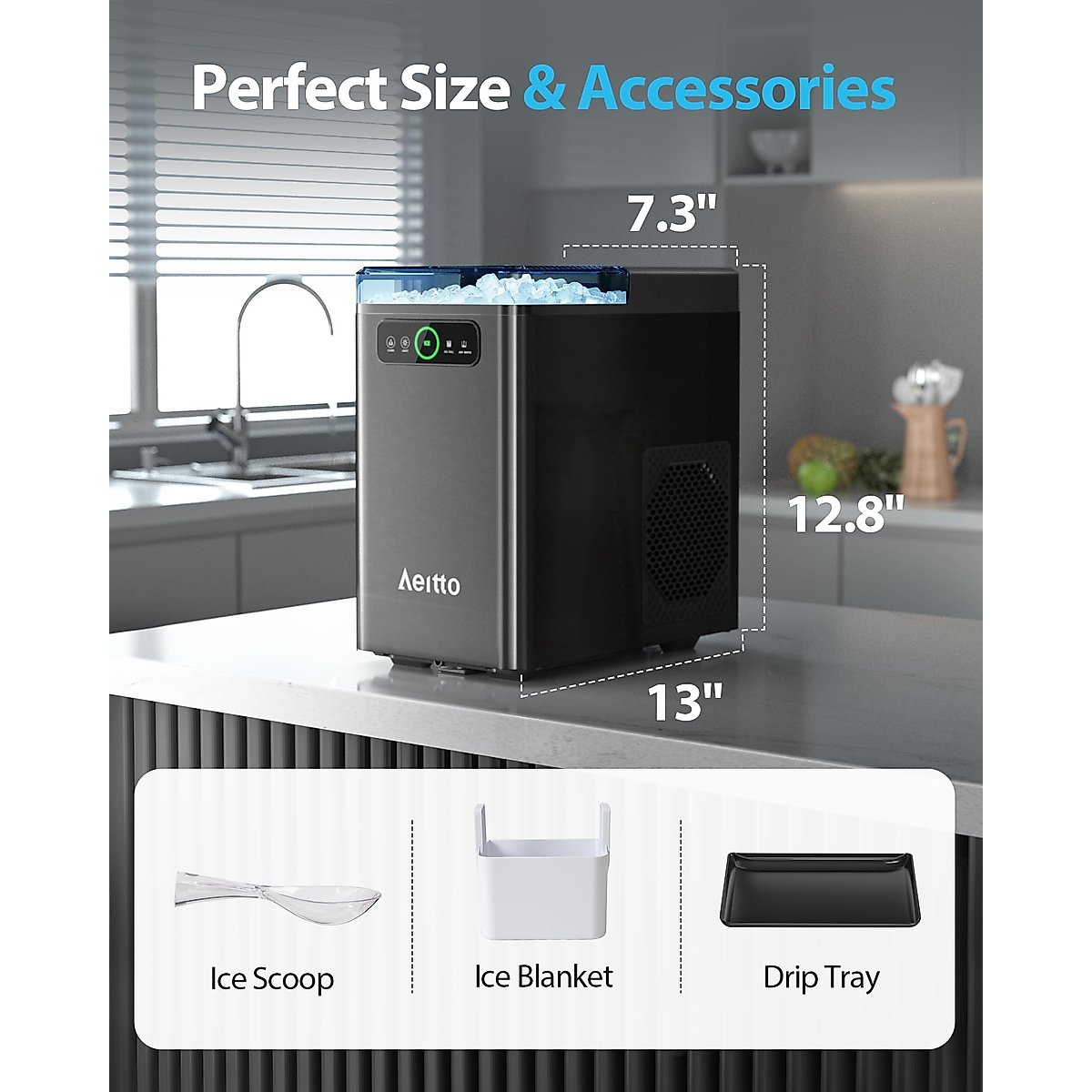 Aeitto Nugget Ice Maker 40Lbs/24H, Countertop Soft Chewable Ice Pebble Ice Machine, One-Click Operation, Auto Self-Cleaning Ice Makers with Scoop&Basket for Home, Office, Kitchen, Party (Black)