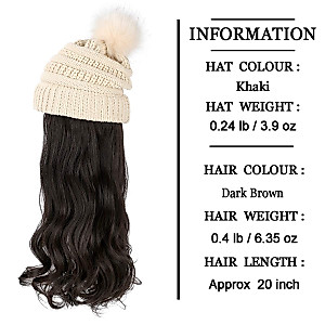 AynnQueen Beanie with Hair Attached for Women Slouchy Cable Hat Wig Knit Beanie Winter Hat with 20inch Removable Hair Extensions Wig (Dark Brown-Khaki Hat)