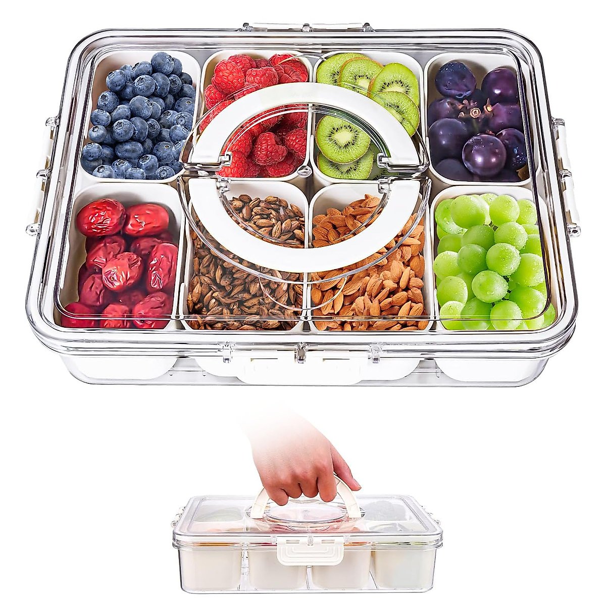 JDISANGI Divided Serving Tray with Lids and Handle, 8pcs Removable Snack Box container for Fruit, Candy, Veggie, Nuts, Snacks, Charcuterie Container Snackle Box for Party, Entertaining, Picnic