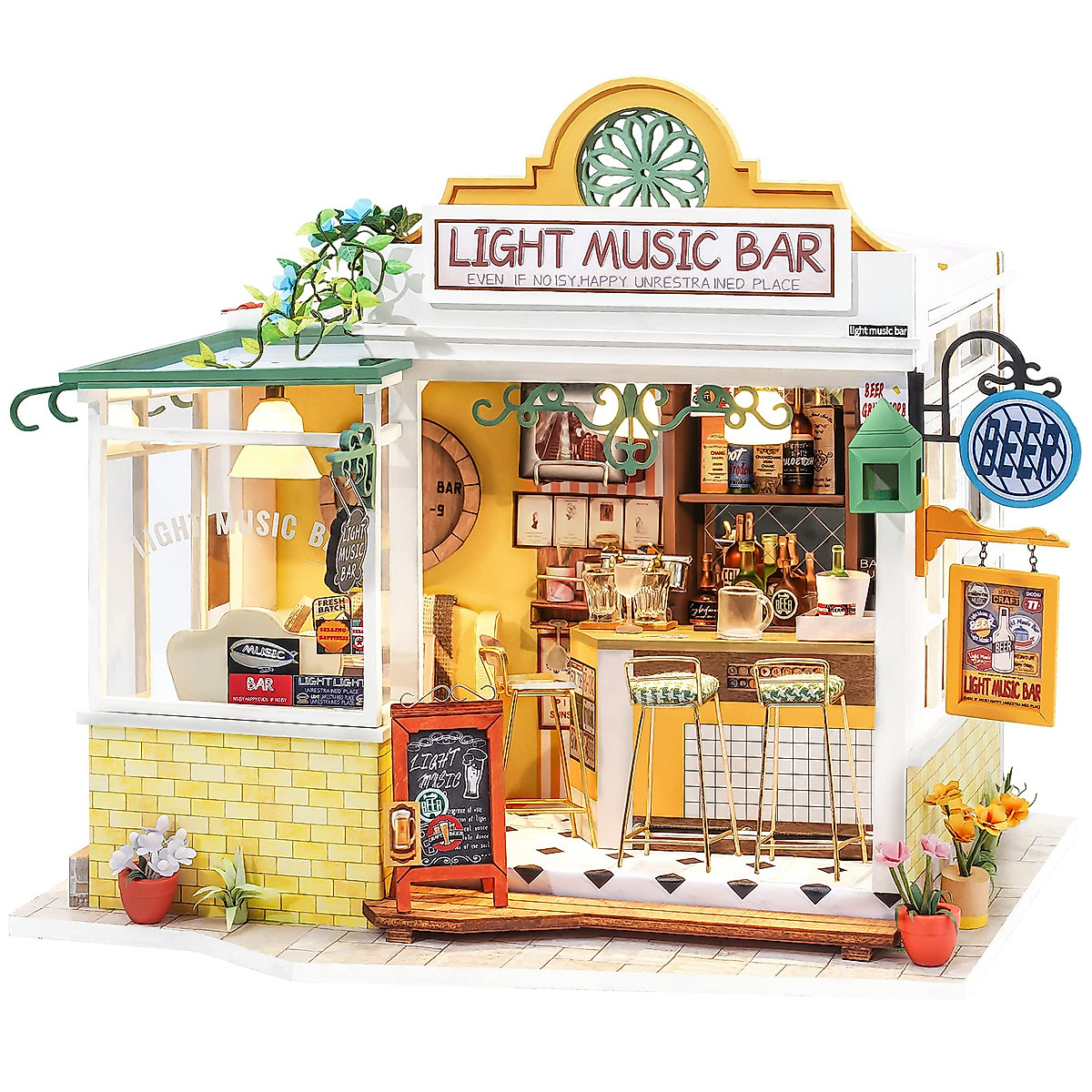 ROBOTIME DIY Dollhouse Miniature Wooden Light Music Bar Kit with LED to Build Miniature Craft Kits for Adults Decent Gift