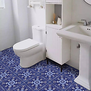 Peel and Stick Floor Tile, Blue Flower Vinyl Flooring, Durable and Waterproof for Update Bathroom Kitchen Basement, 12x12In, 10pc