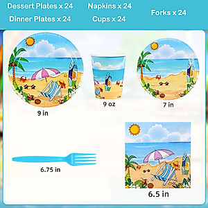 Atonofun Beach Party Supplies, Beach Plates and Napkins Set, Disposable Beach Plates, Cups, Napkins and Cutlery for Birthday, Pool, Summer Party, Baby Shower, Beach Themed Party Decorations Serves 24
