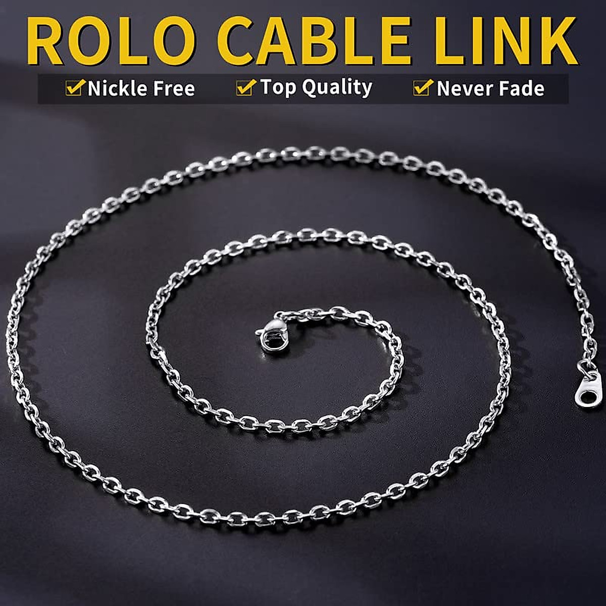 Stainless Steel Cable Link Chain Necklace for Women Men Jewelry Gift 3mm Sturdy Strong Rolo Chain Necklaces, 18 Inch