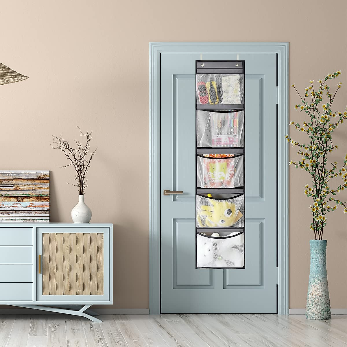 Jremreo Over The Door Organizer with 5 Large Pockets, Hanging Storage Shelves, Behind The Door/Wall/Nursery Closet Door Organizer for Bedroom Bathroom with 2 Metal Hooks