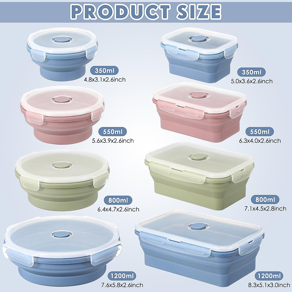 Nuanchu 8 Pcs Collapsible Food Storage Containers Silicone Airtight Collapsible Bowls with Lids Rectangular and Round Stackable Microwave Lunch Containers, Freezer, Dishwasher Safe (Blue, Pink, Green)