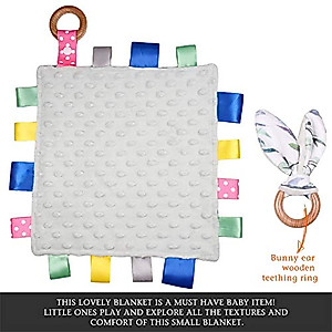 Baby Security Blanket with Tags Soft Ribbon Tag Blanket Comfort Lovey Taggy Blanket Cute Newborn Appease Towel with Bunny Ear Ring