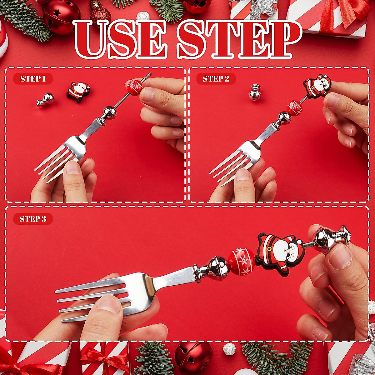 Gisafai 12 Sets Christmas Beadable Spoon Fork Set Beadable Items Christmas Kitchen Utensils Xmas Cutlery Bead Dessert Spoon for Christmas Party Favor Supplies