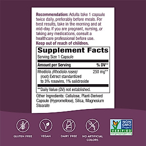 Nature's Way Rhodiola Premium Extract - 250 mg per serving - Supports Energy & Mental Stamina* - Non-GMO Project Verified - Adaptogenic Herb* - Vegan & Gluten Free - 60 Capsules