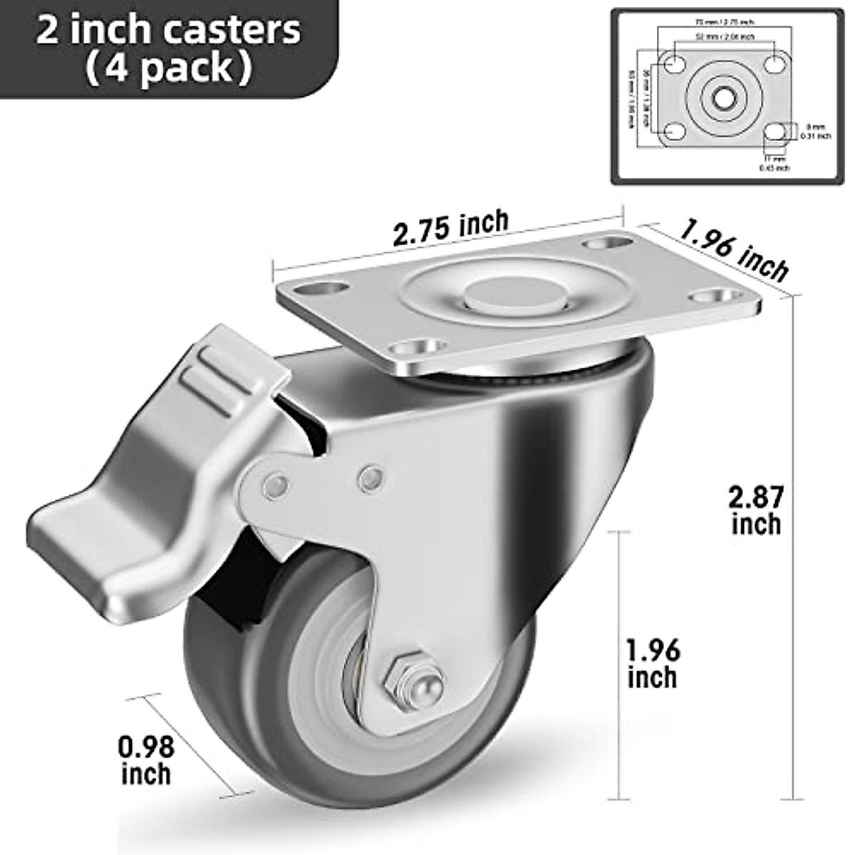 Casters, 2 inch Caster Wheels, Casters Set of 4 Heavy Duty - CLOATFET Locking Casters, Swivel Casters with Brake (Top Plate), Non Marking Grey TPR Rubber Castor Wheels for Cart Furniture Workbench