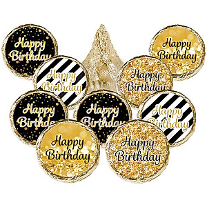 Happy Birthday Party Favor Labels Chocolate Kisses Candy Stickers - Black and Gold - 0.75 in. Round - 180 Stickers