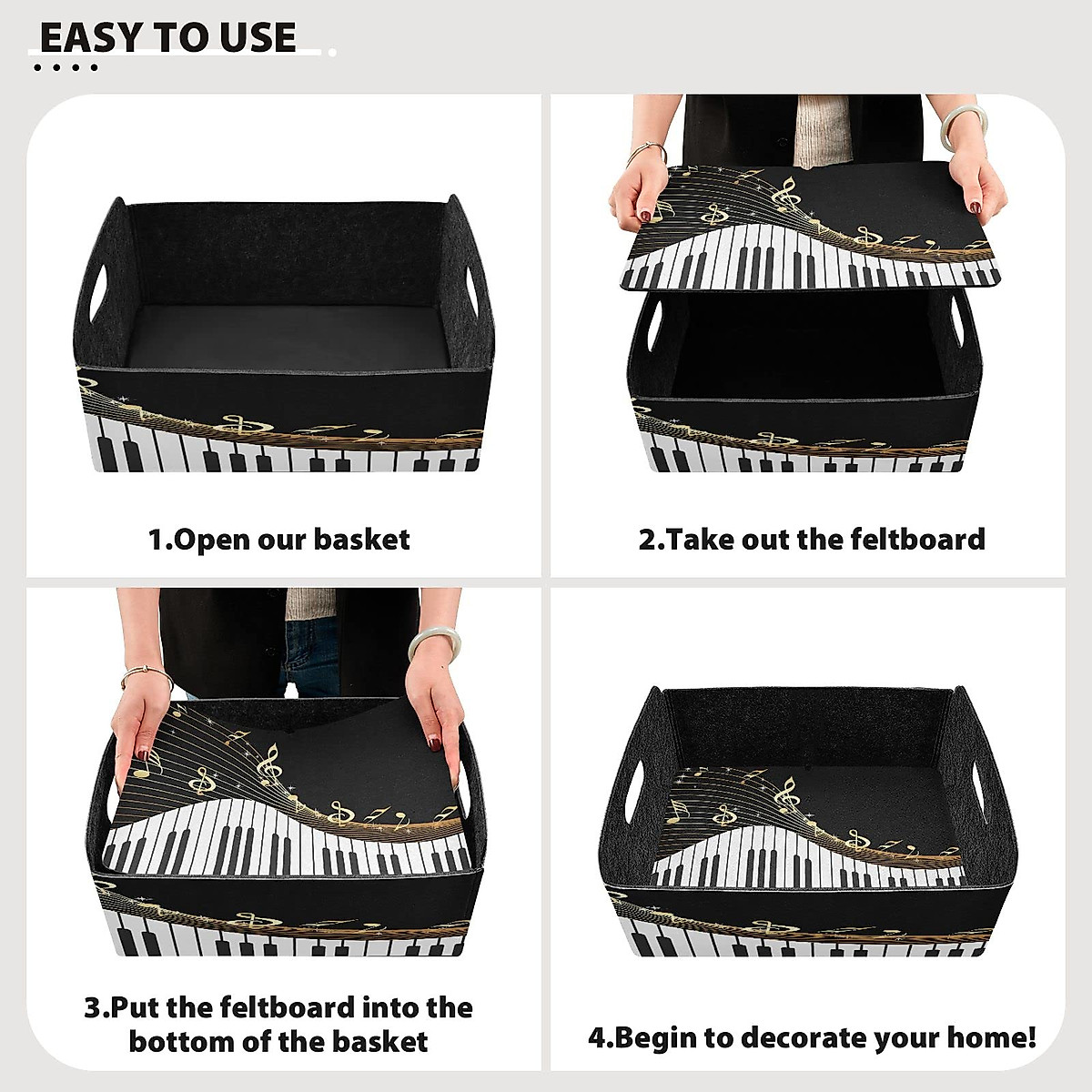 Kigai Collapsible Felt Storage Bins Music Note Piano Key Rectangle with Handle Storage Bins Baskets Toys Storage Basket for Organizing Closet Clothes Office Books Home Decor