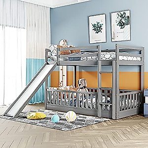 RORIGAT Twin Over Twin Floor Bunk Bed with Slide and Ladder, Low Bunk Bed for Kids Boys Girls Teens, Gray