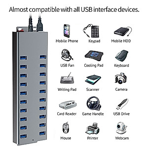 Royata Powered USB Hub Industrial Grade USB 2.0 Hub 20 Port 12V/10 Power Support Charger Data Sync and Charging Station with Separate On/Off Switch and Light for Laptops, PCs,etc.