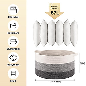 OIAHOMY Extra Large Storage Basket, 23" x 13" Woven Blanket Basket for Living Room, Round Woven Basket for Clothes, Laundry Basket for Pillow-Gradient Grey