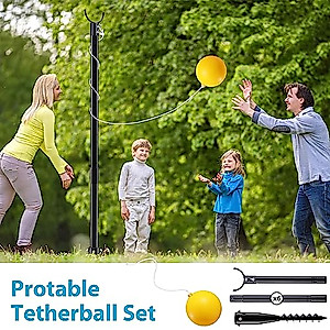 Tetherball Ball and Rope Set Pole Equipment, Probable Tether Balls Set with Heavy Duty Anchor for Peach Sand, Backyard, Playground, 2.8-8.7 FT Height Adjustable Metal Pole, Soft Paddled Rubber Ball