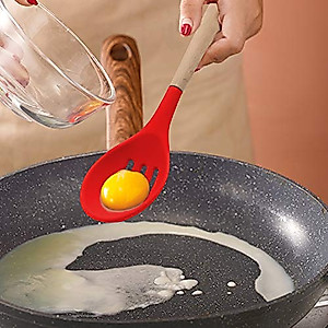 KUFUNG Silicone Slotted Serving Spoon, Wooden Handle Nonstick Mixing Spoon, Heat resistant up to 480°F. Silicone Kitchen Cooking Utensils Non-Stick Tool for Draining & Serving (Red)