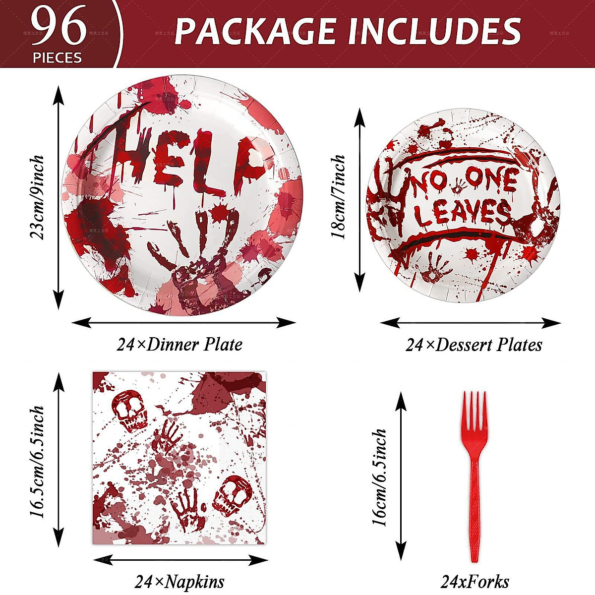 Bloody Good Time Party Tableware Set Halloween Zombie Skull Bloody Party Table Decorations Halloween Party Supplies Table Decorations Paper Plates Napkins Forks for 24 Guests(96 Pcs )