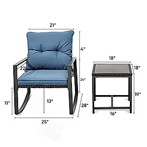 Temminkii 3-Piece Outdoor Bistro Set Wicker Rocking Chair Patio Furniture Blue Cusion Glass Coffee Table for Garden (Blue)