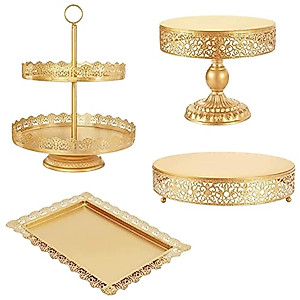 4 Pcs Gold Cake Stands Set, Cake Pedestal Display Table Tiered Cupcake Holder Candy Fruit Dessert Plate Decorating for Wedding Birthday Party Baby Shower Celebration (Gold Metal/ 4 Pcs Cake Stands)