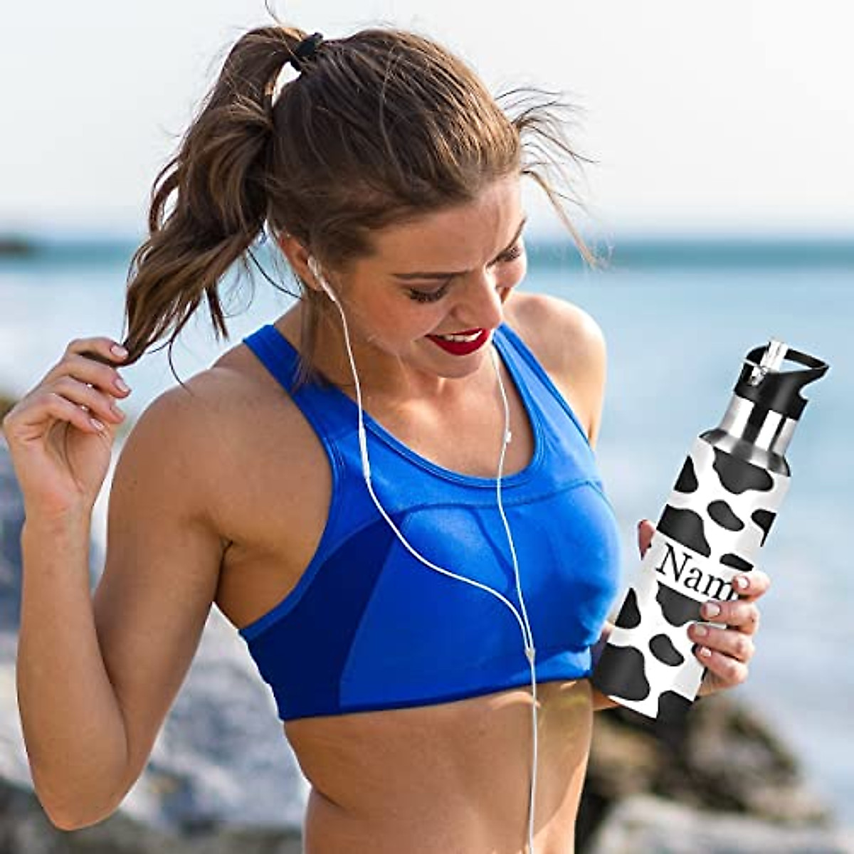 Custom Water Bottle Black and White Cow Print Stainless Steel Vacuum with Name Personalized Name Insulated Sport Bottle with Wide Handle