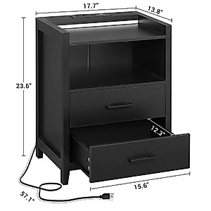 EPHEX LED Nightstands Set of 2, Black Night Stand with Charging Station and 2 Drawers, Wood End Side Table with USB Ports, Bedside Table for Bedroom