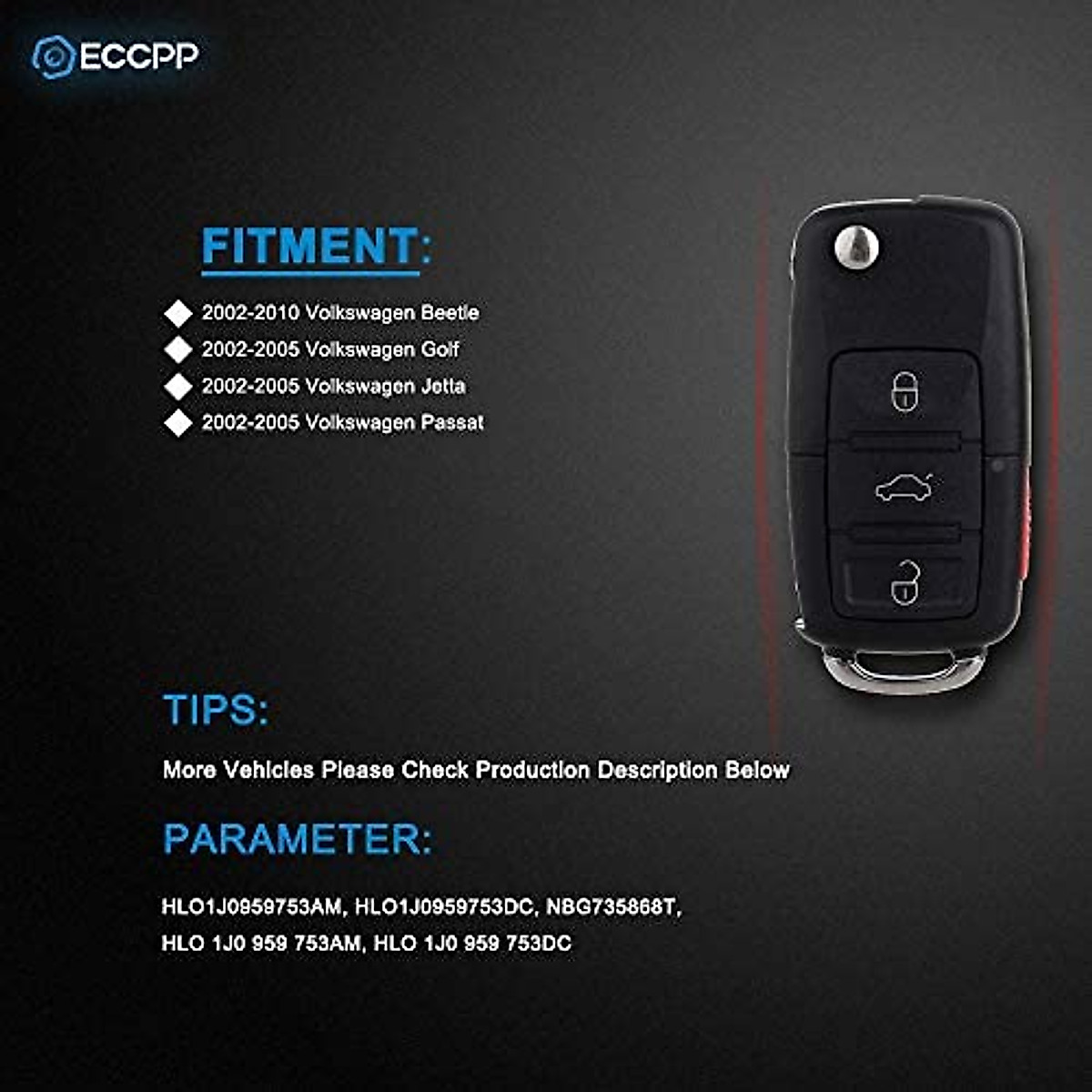 ECCPP Keyless Entry Remote Key Fob for Volkswagen Beetle Golf Jetta Passat 315MHz Uncut 4 Button HLO1J0959753AM HLO1J0959753DC NBG735868T (Pack of 1)