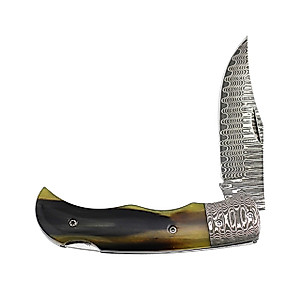 YOUSUNLONG Folding Knife - Overall 176mm - Japanese Damascus Steel Blade - Natural Bull Horn Handle with Leather sheath and natural walnut wooden knife box for camping hiking fishing