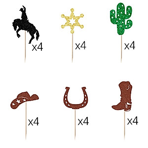 AROKIPPRY 24 PCS Cowboy Cupcake Toppers Glitter HorseShoe Cowboy Hats Boots Cupcake Picks Western Theme Baby Shower Birthday Party Cake Decorations Supplies (24 PCS)