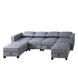Goohome 116'' Modular Sectional, U-Shaped Velvet Convertible, Minimalist Modern 6 Seater Sleeper Couch with Chaise Ottomans, Sofa Sets, for Living Room, Bedroom, B-Dark Gray