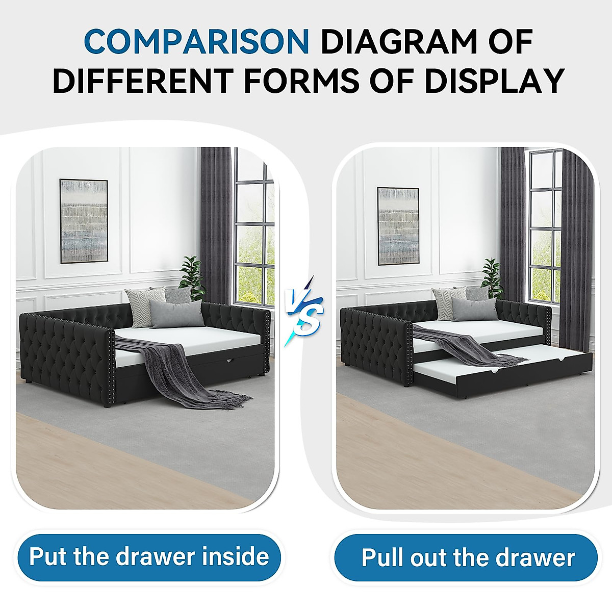 KINFFICT Velvet Full Daybed with Twin Trundle, Modern Upholstered Full Size Day Bed Button-Tufted Sofa Daybed Frame with A Roll-Out Trundle (Black)