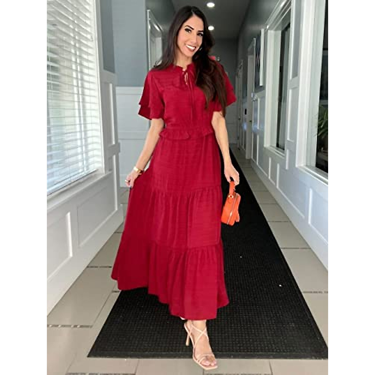 PRETTYGARDEN Womens Summer Boho Maxi Dress Short Sleeve V Neck Ruffle Trim High Waisted Tiered Party Flowy Long Dresses 2023 (Red, X-Large)