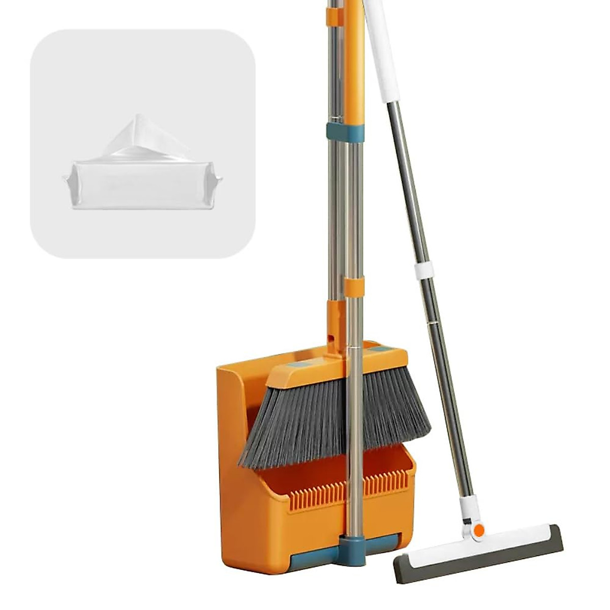 Premium Broom and Dustpan Combo Set - Long Handle, 180° Rotating, Standing Storage - Built-in Comb Teeth and Claps for Dust Wipe Paper - Space-Saving Design (Orange)