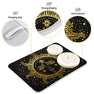 Hand Drawn Gold Golden Face of the Sun Stars on Black Dark Kitchen Dish Drying Mat, Absorbent Microfiber Pad Drainer, Heat-resistant Countertops Sinks Protector with Hanging Loop 18"x24"