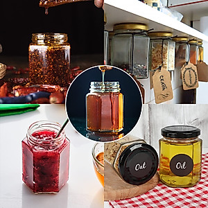 Betrome 6oz Glass Jars with Black Lids, 30 Pack 180ml Clear Hexagon Glass Canning Jars Honey Jars Spice Jars Mason Jars for Jams, Shower Favors, Wedding Favors, Craft, 1 Pen and Labels Included