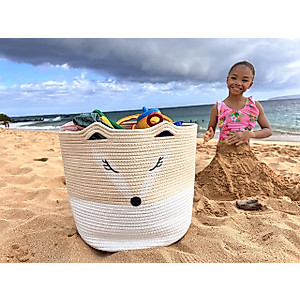 Large Cotton Rope Basket with Cute Animal Design - Unisex Bed & Bath Toy Bin Serves as Woven Laundry Basket & Nursery Hamper for Babies, Toddlers, Girls & Boys - Sturdy & Kid-Safe, 14" x 14 "