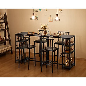 Gizoon Bar Table and Chairs Set for 2 with 3 Storage Shelves, Modern Pub Table Set with Pu Cushion Chairs & Thick Wood Top for Breakfast, 3-Piece Small Table for Kitchen - Black